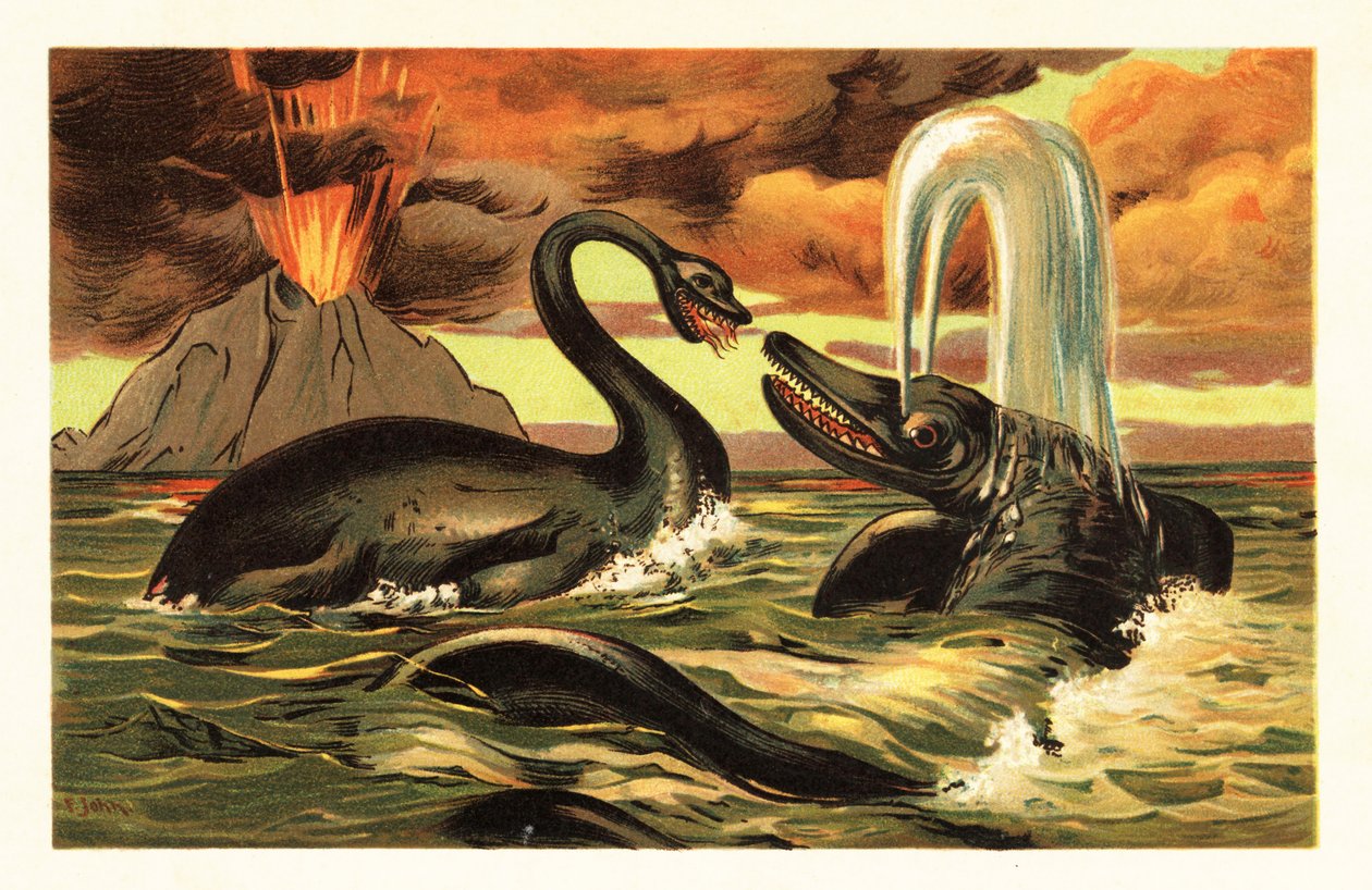 Plesiosaurus et Ichthyosaurus se battant devant une éruption