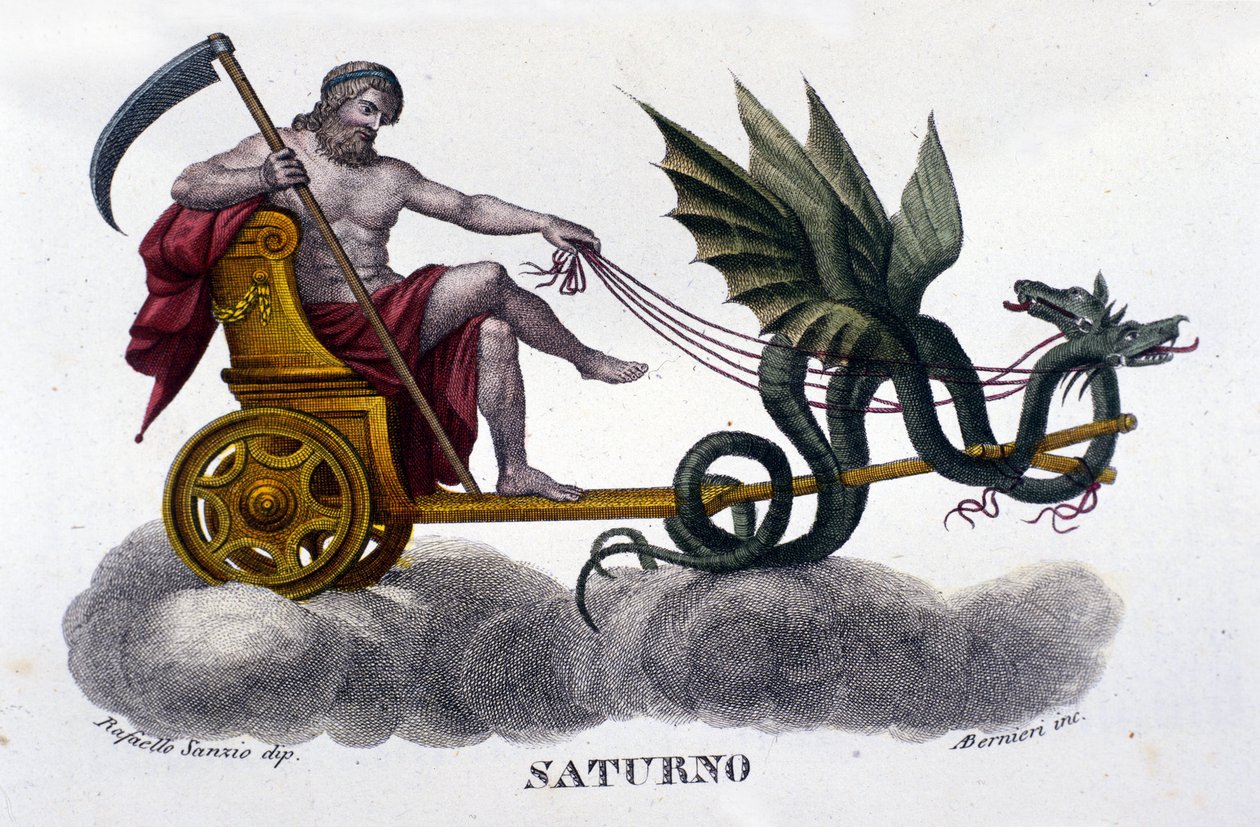 Le dieu Saturne (ou Cronos) sur un char tiré par deux dragons. D'après ...