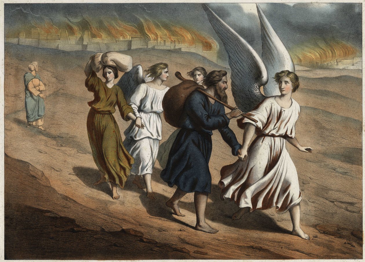 Deux anges guident Loth et ses filles qui doivent quitter la ville de ...