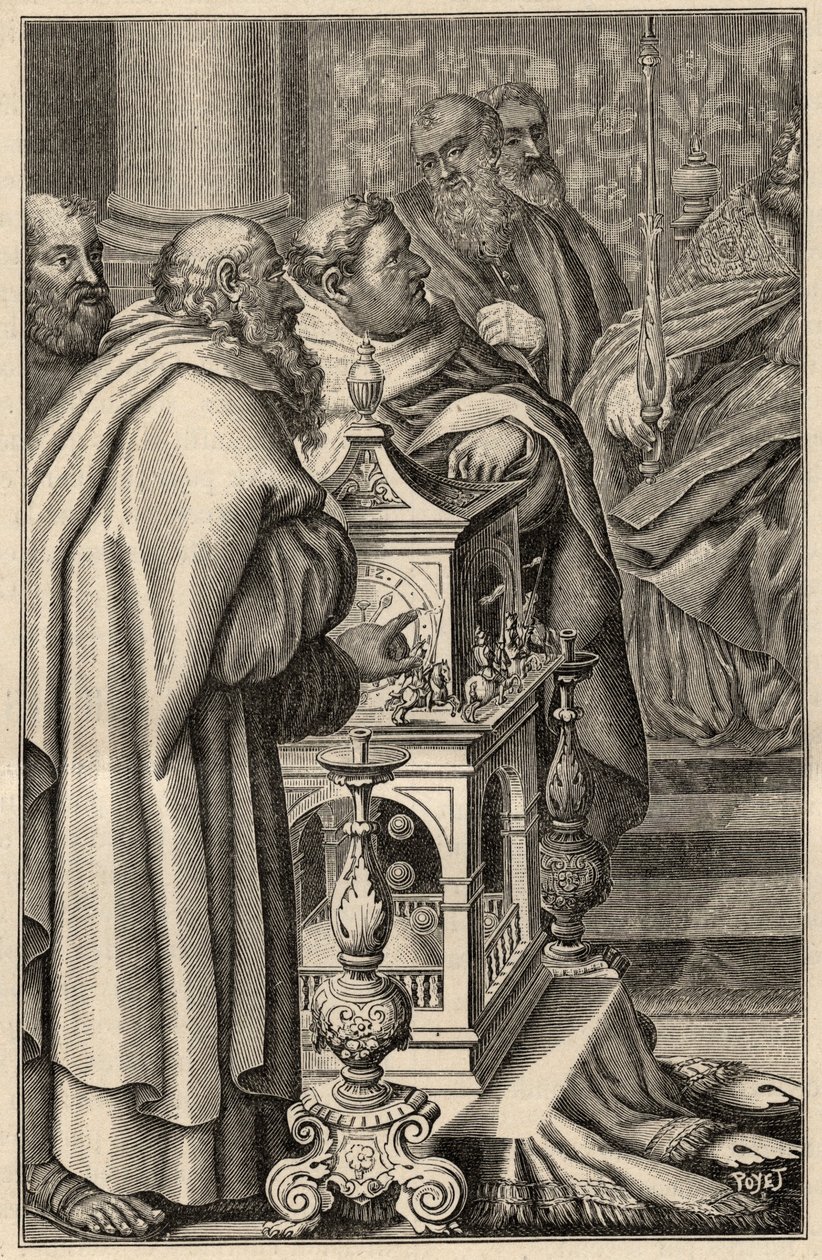 Charlemagne recevant le don d'une clepsydre (horloge à eau) de Harun al ...