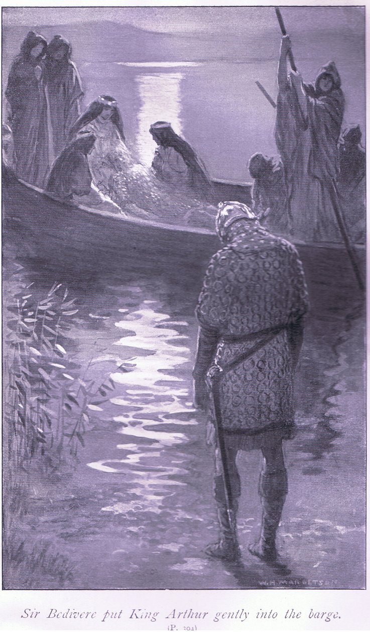 Sir Bedivere met doucement le roi Arthur dans la barque