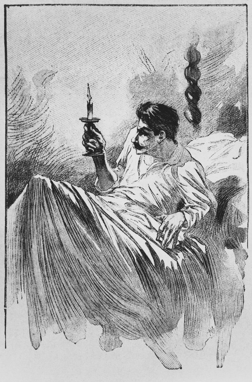 Le narrateur au lit, illustration de 'Le Horla' de Guy de Maupassant ...