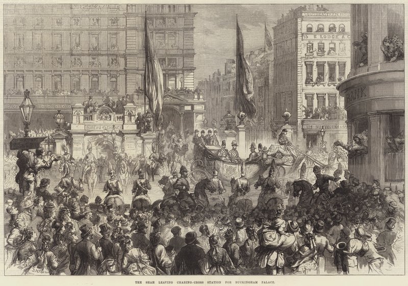 Le Shah quittant la gare de Charing-Cross pour le palais de Buckingham
