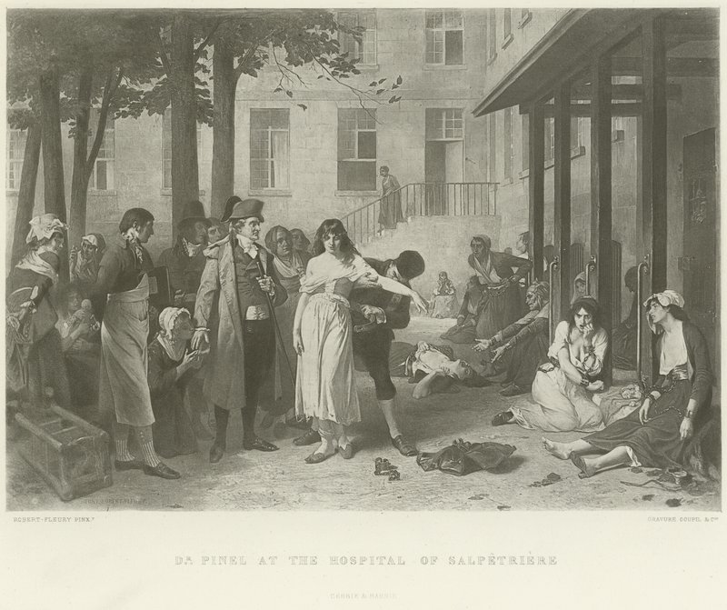 Dr Pinel à l'hôpital de la Salpêtrière (gravure)